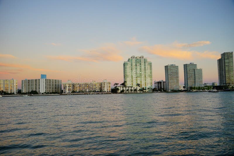 Miami harbor and sun set stock photo. Image of financial - 105129606