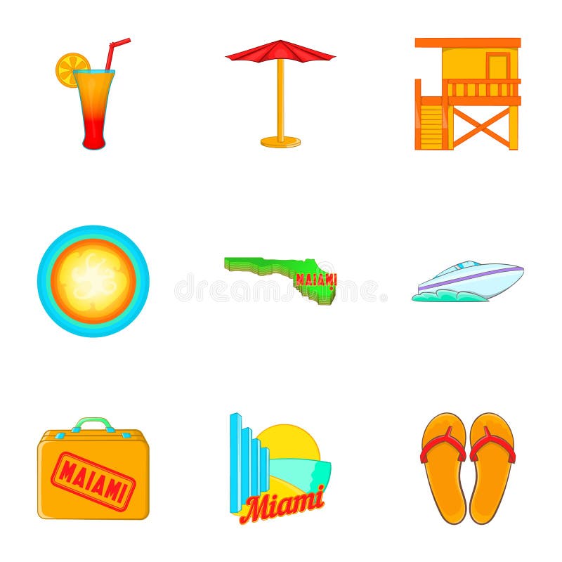 Miami Icons Set, Cartoon Style Stock Vector - Illustration of slate ...