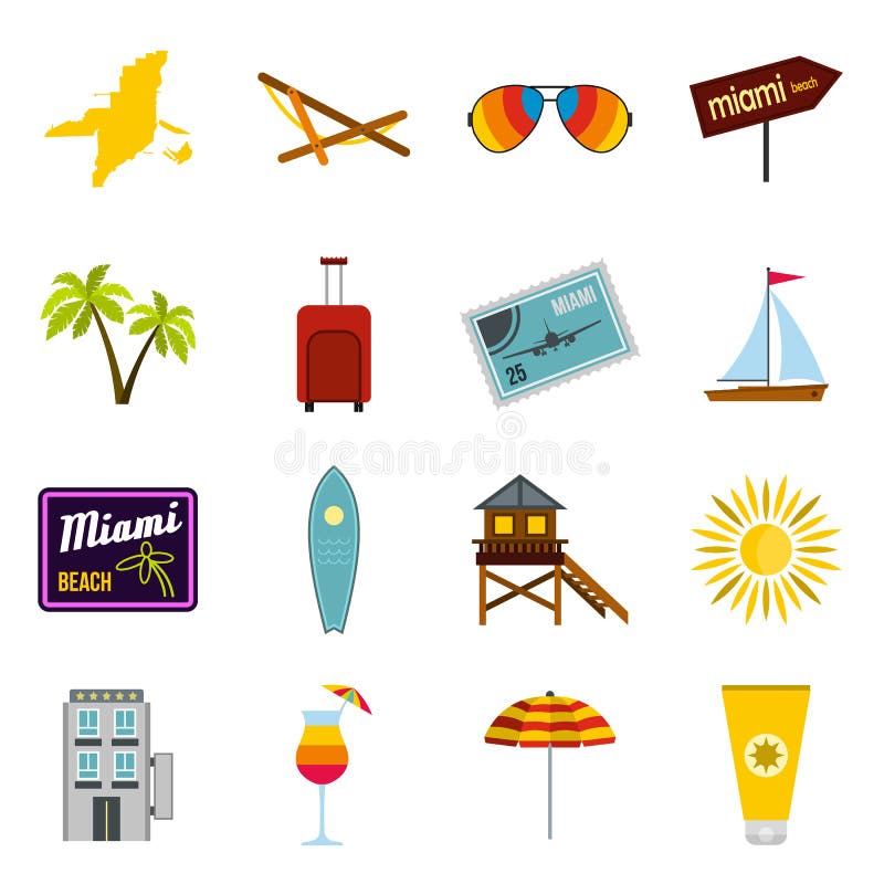 Miami Icons Set, Flat Style Stock Vector - Illustration of idea ...