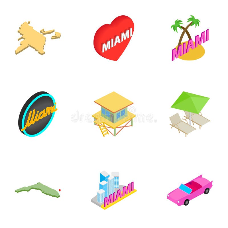 Miami Icons Set, Isometric 3d Style Stock Vector - Illustration of ...