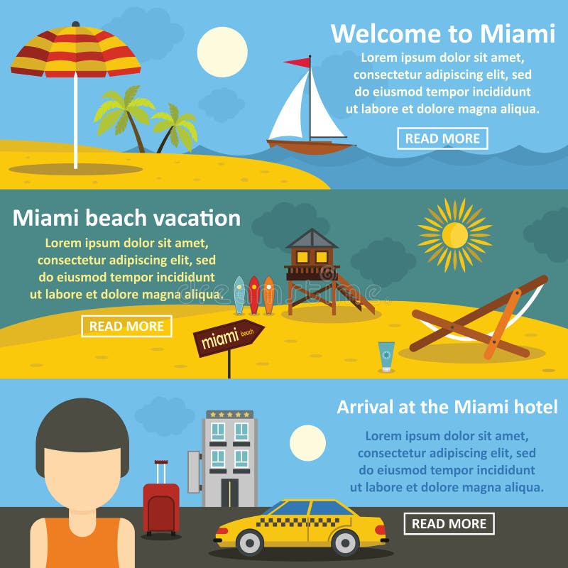 Miami Landscape Banner Horizontal Set, Flat Style Stock Vector ...