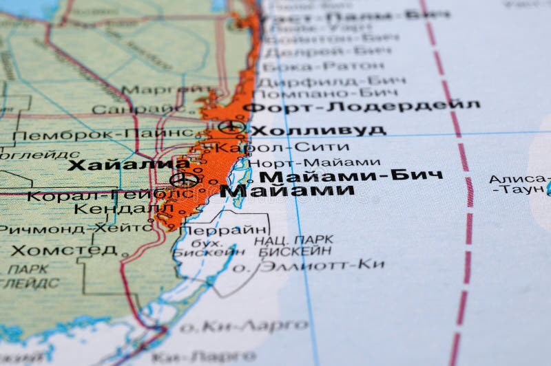 Miami on a Map with Russian Language Stock Photo - Image of macro ...