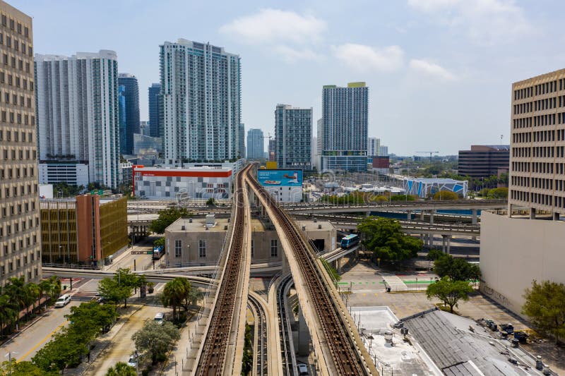 Miami Metrorail from Downtown To Brickell between Highrise Buildings ...