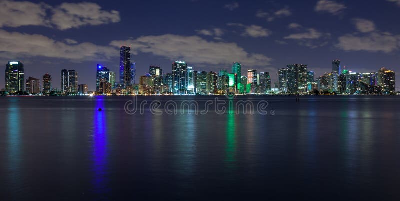 Miami Skyline Night Panorama Stock Photo - Image of lights, downtown ...