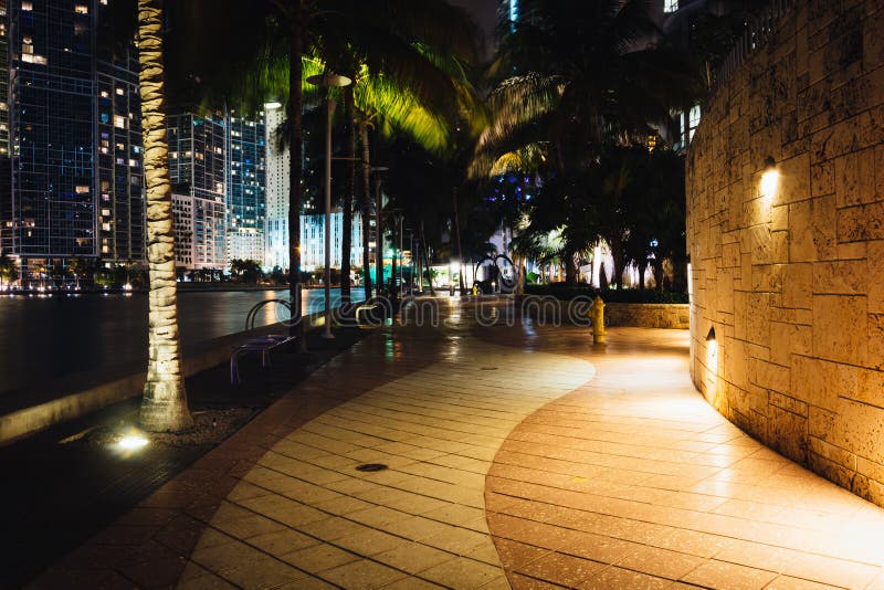The Miami River Waterfront at Night, in Downtown Miami, Florida. Stock ...