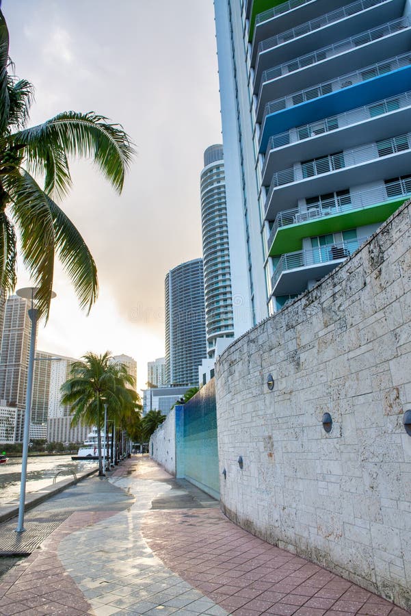 Miami Riverwalk at Sunset with City Buildings Stock Photo - Image of ...