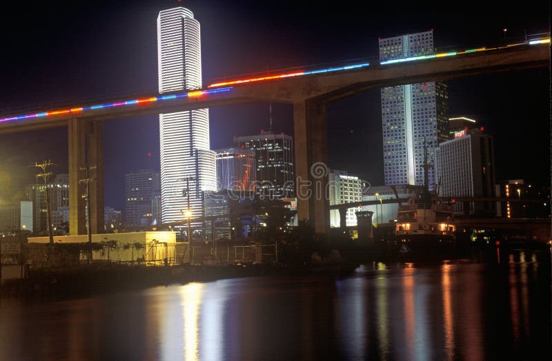 Miami Skyline by Night, Centrust Building and Metro Rail, Miami ...