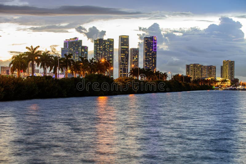 Miami Skyline at Night - Panoramic Image. Miami. Stock Photo - Image of ...