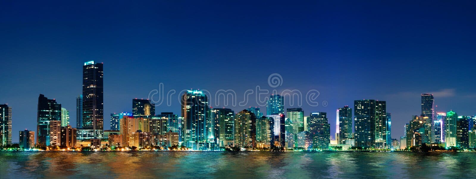 Miami Skyline Night Panorama Stock Image - Image of city, buildings ...