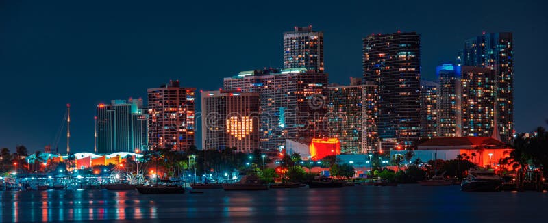 Miami Skyline. Miami Skyscrapers at the Night, South Beach. Editorial ...