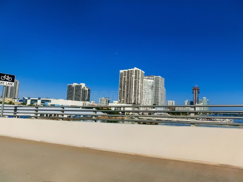Miami Skyscrapers with Bridge Over Sea in the Day Editorial Stock Image ...