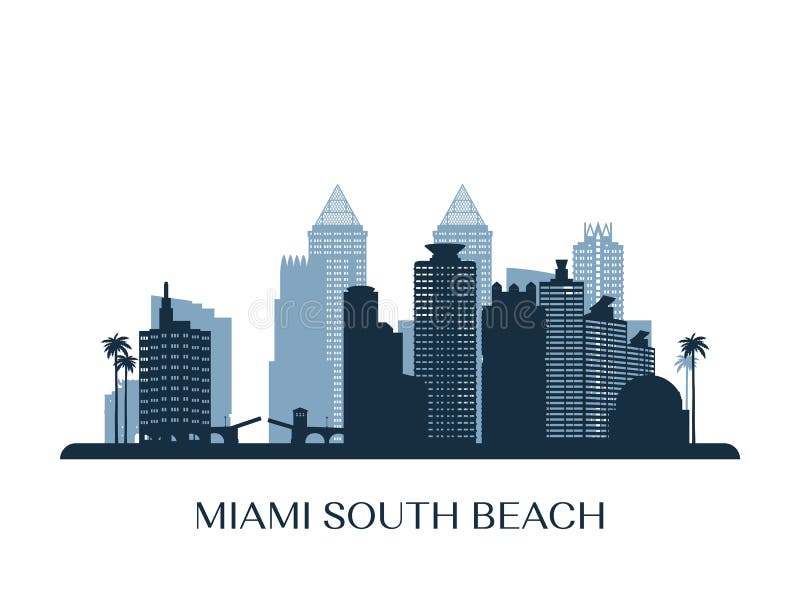Miami South Beach Skyline, Monochrome Silhouette. Stock Vector ...