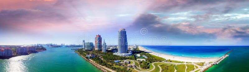 Miami South Pointe - Sunset Aerial Panorama Stock Photo - Image of ...