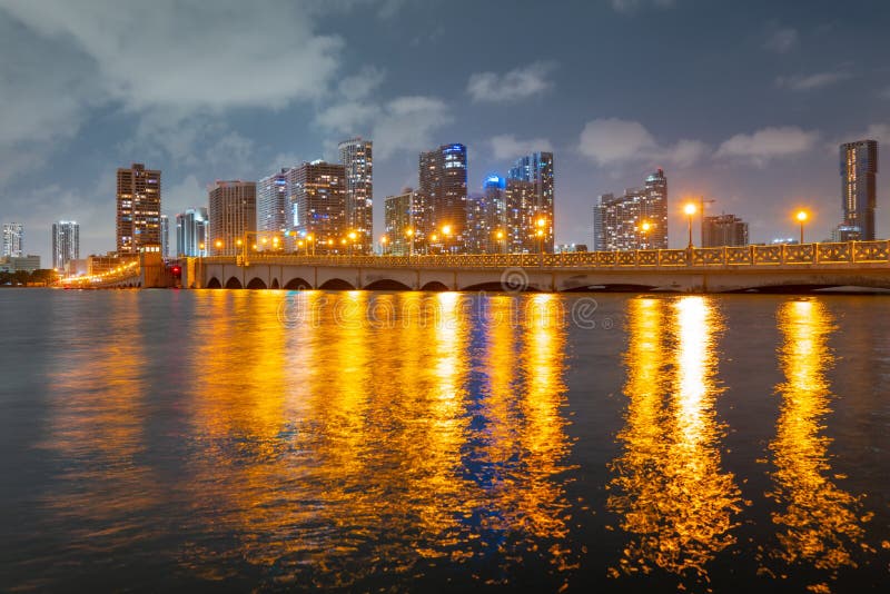 Miami at Sunset. Miami Florida, Colorful Skyline of Macarthur Causeway ...