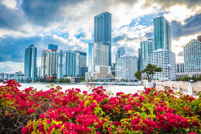 Miami Waterfront Skyline Sunset View from Brickell Key, Florida Stock ...