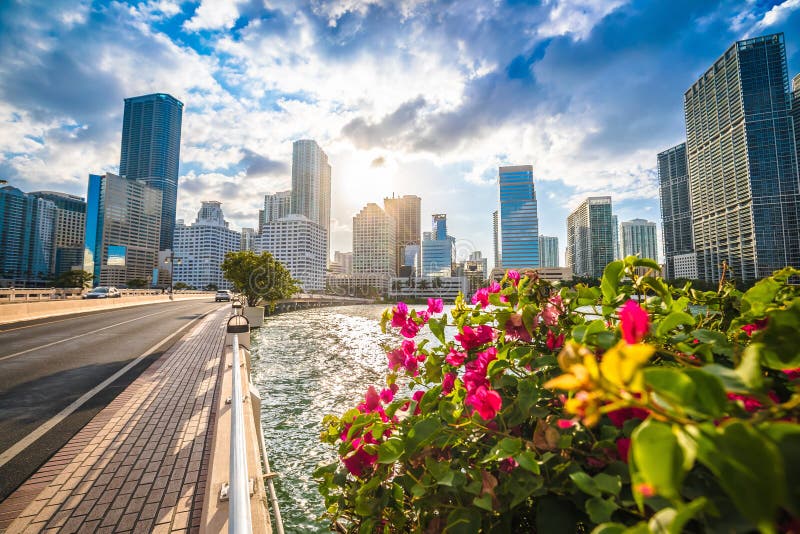Miami Waterfront Walkway and Skyline Sunset View, Florida Stock Photo ...