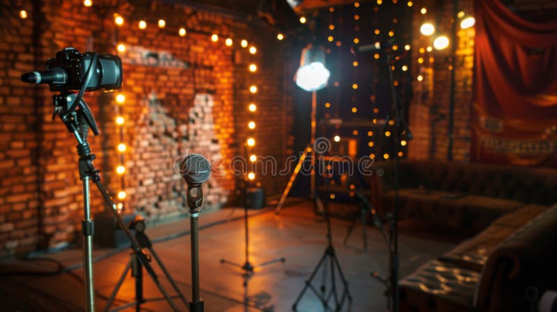 Mic and Camera Setup in Brick Room Stock Photo - Image of performance ...