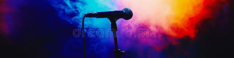 Microphone Standing on an Empty Stage with Colorful Light and Smoke ...