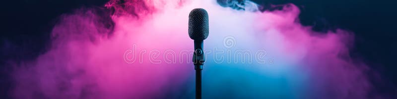 Microphone Standing on an Empty Stage with Colorful Light and Smoke ...