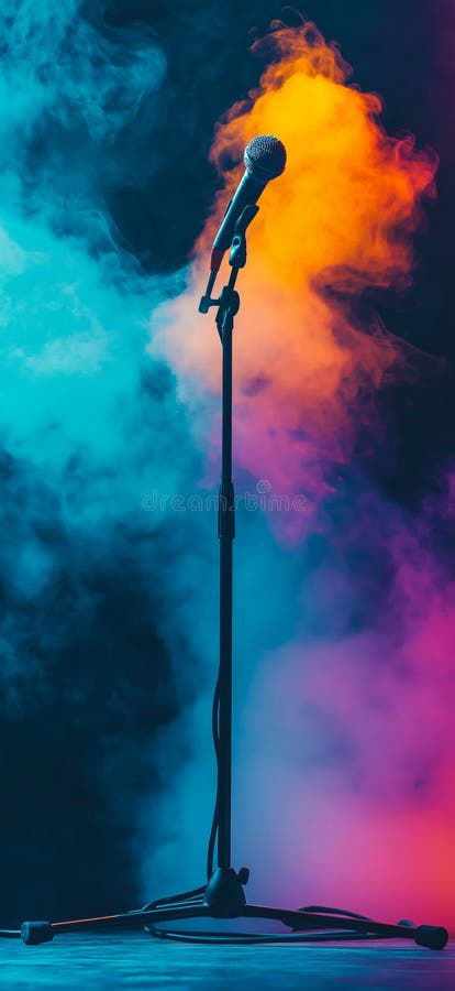 Microphone Standing on an Empty Stage with Colorful Light and Smoke ...