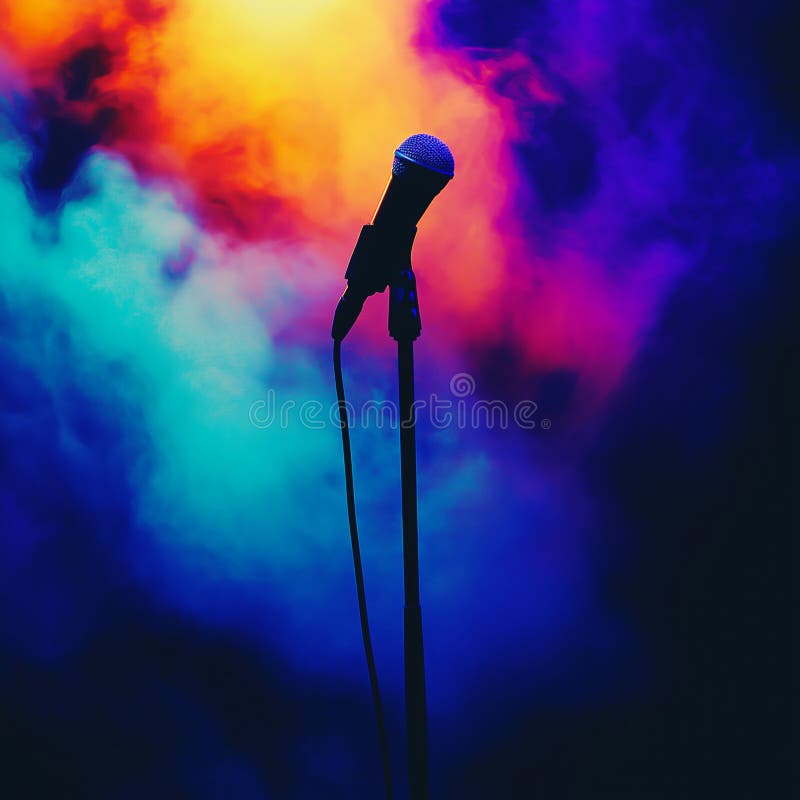 Microphone Standing on an Empty Stage with Colorful Light and Smoke ...