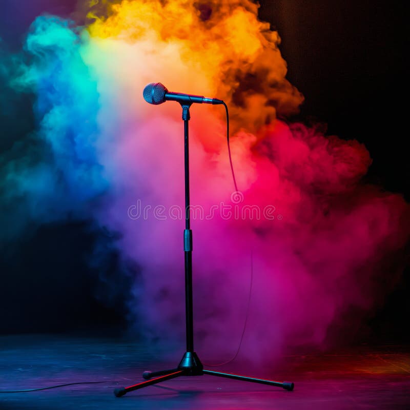 Microphone Standing on an Empty Stage with Colorful Light and Smoke ...
