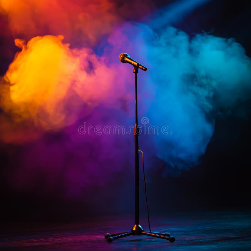 Microphone Standing on an Empty Stage with Colorful Light and Smoke ...