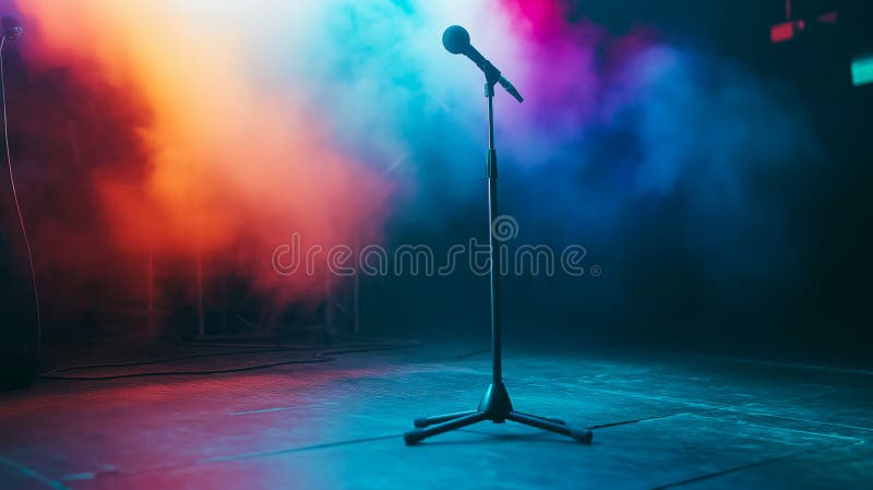 Microphone Standing on an Empty Stage with Colorful Light and Smoke ...