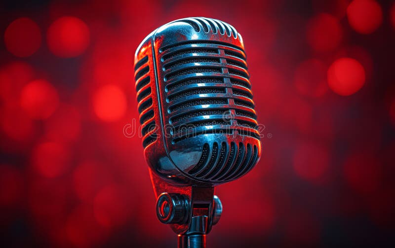 Mic on Stage with Red Backdrop Stock Photo - Image of venue, event ...