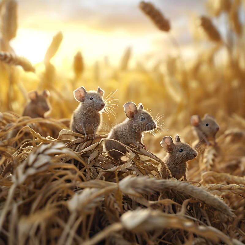 Mice in the Harvested Field in Summer Evening with Setting Sun. Stock ...