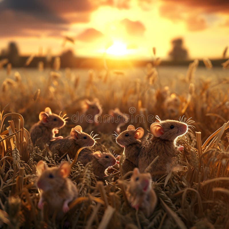 Mice in the Harvested Field in Summer Evening with Setting Sun. Stock ...