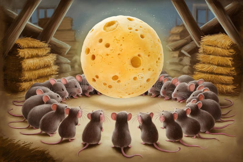 Mice Pray for Cheese in Shape of the Moon Stock Illustration ...