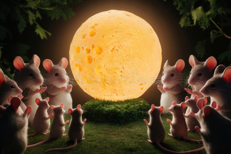 Mice Pray for Cheese in the Shape of Moon Stock Illustration ...