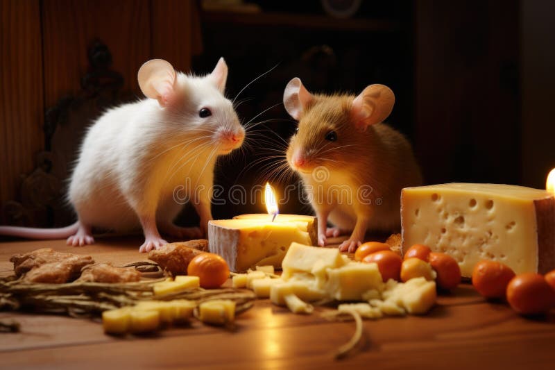 Mice Sharing Cheese on a Wooden Floor Stock Photo - Image of food ...