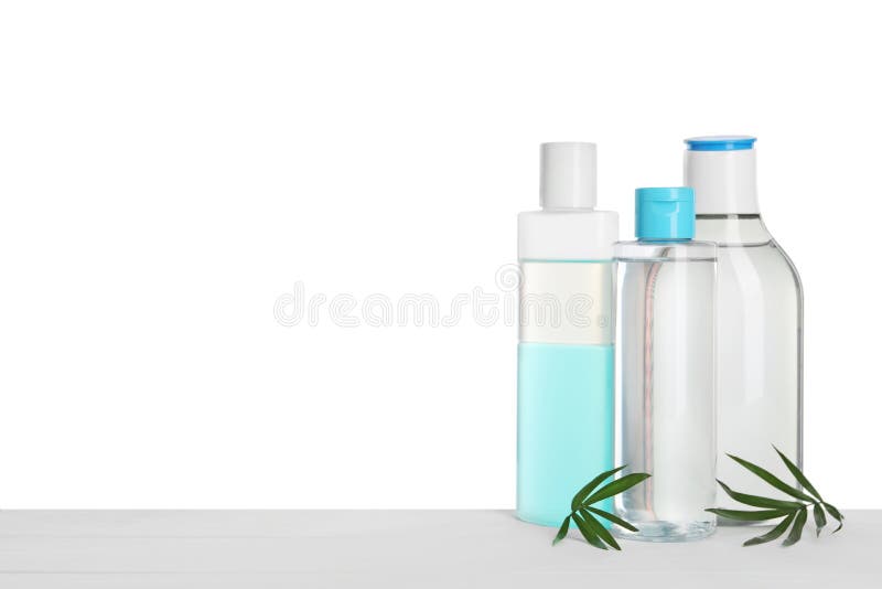 Micellar Water Bottles Table Against White Background Space Text Stock ...