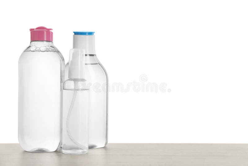 Micellar Water Bottles Table Against White Background Space Text Stock ...