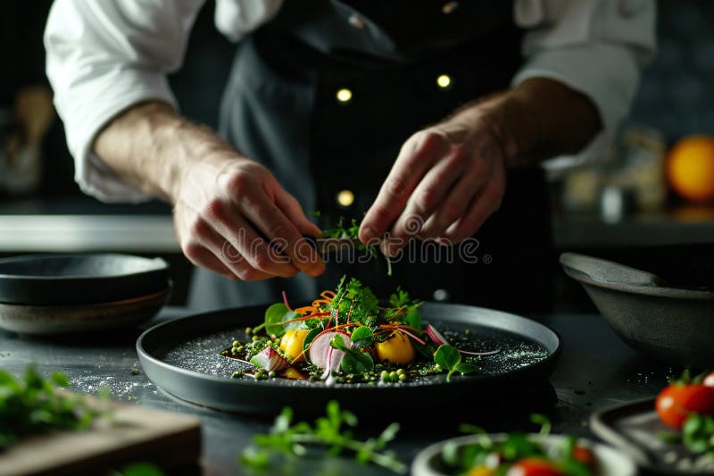 Michelin Chef Making Vegetarian Food on Dark Table Stock Illustration ...