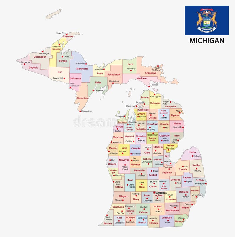 Michigan Administrative and Political Vector Map with Flag Stock Vector ...