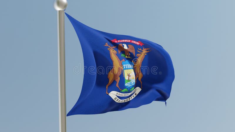 Michigan Flag on Flagpole. MI Flag Fluttering in the Wind. USA. 3d ...