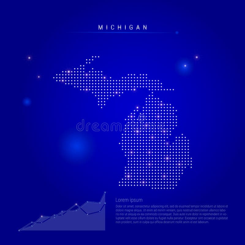 Michigan US State Illuminated Map with Glowing Dots. Dark Blue Space ...