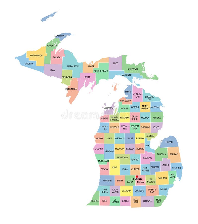 Michigan, U.S. State, Subdivided into 83 Counties, Multi Colored Map ...
