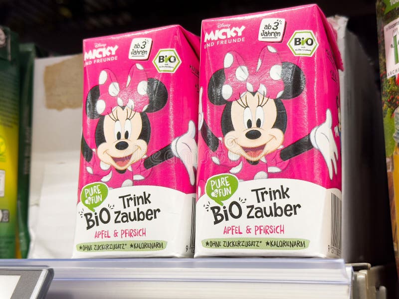 Mickey Mouse Bio Apple Peach Juice Boxes on Supermarket Shelf Editorial ...