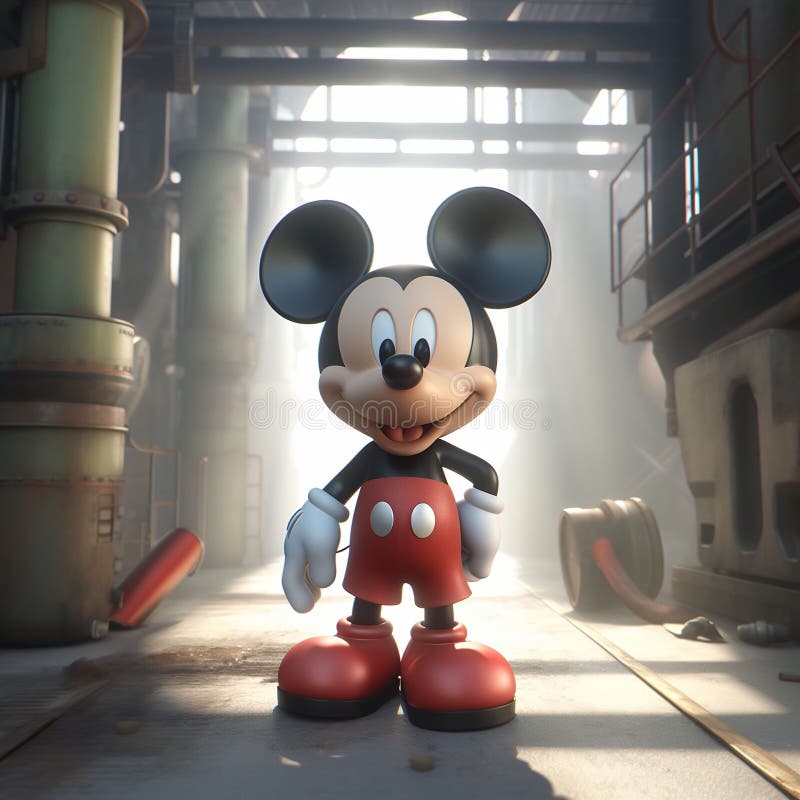 A Mickey Mouse Character Poses in an Industrial Setting in Front of a ...