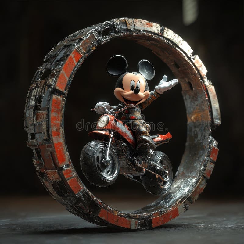 Mickey Mouse Riding a Motorcycle through a Rusty Metal Ring in a Dark ...