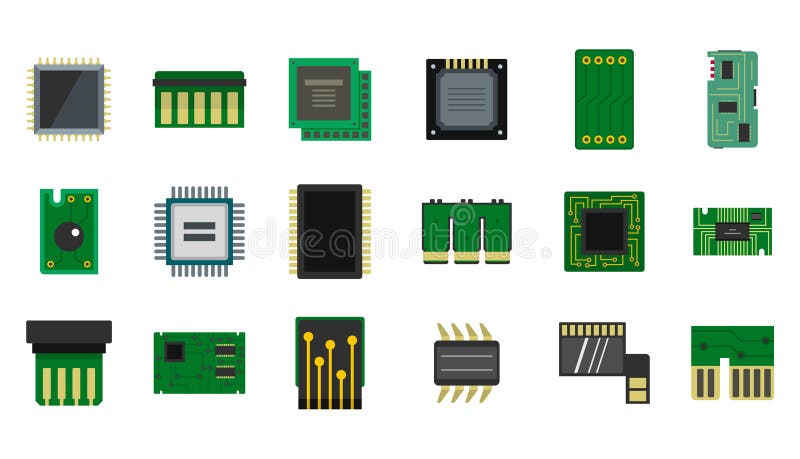 Micro Chip Icon Set, Flat Style Stock Vector - Illustration of ...
