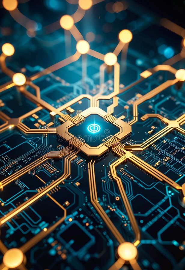A Micro Circuit with a Processor in the Center in Yellow Gold and Blue ...