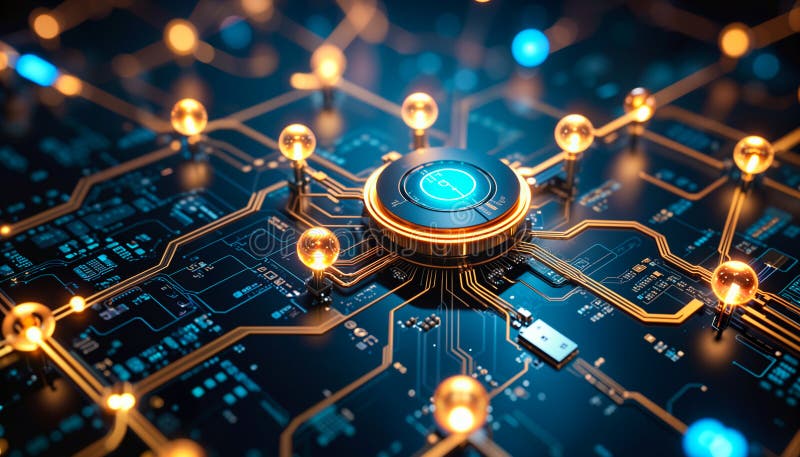 A Micro Circuit with a Processor in the Center in Yellow Gold and Blue ...
