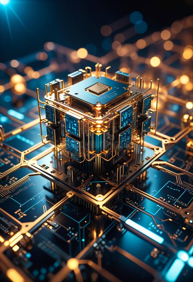 A Micro Circuit with a Processor in the Center in Yellow Gold and Blue ...