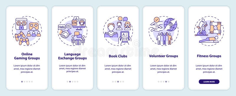 Micro Communities Examples Onboarding Mobile App Screen Stock Vector ...