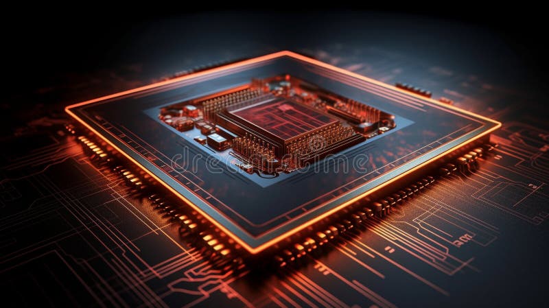 Micro CPU on Circuit Board with Red Lighting 3D. Generative Ai Stock ...